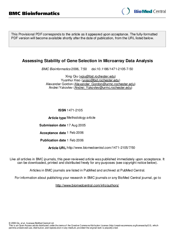 BMC Bioinformatics Assessing Stability of Gene Selection in Microarray Data Analysis