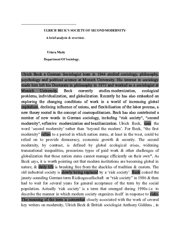 (DOC) ULRICH BECK'S SOCIETY OF SECOND MODERNITY- A brief analysis ...