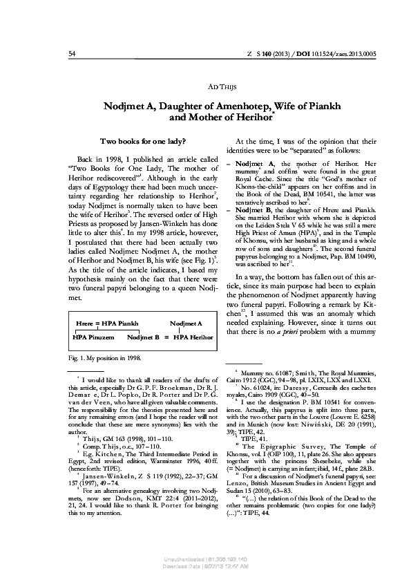 (PDF) Nodjmet A, Daughter of Amenhotep, Wife of Piankh and Mother of ...