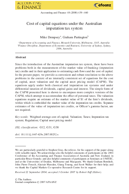 (PDF) Cost of capital equations under the Australian imputation tax ...