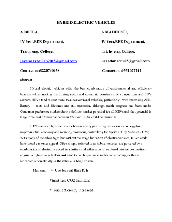 (DOC) HYBRID ELECTRIC VEHICLES