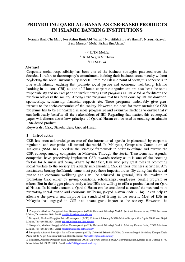 (DOC) PROMOTING QARD AL-HASAN AS CSR-BASED PRODUCTS IN ISLAMIC BANKING ...