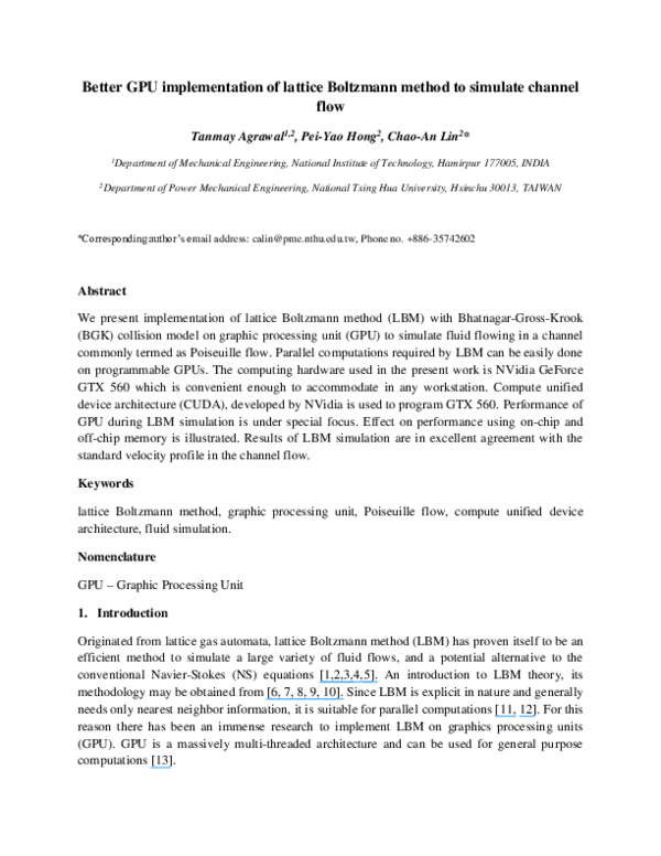 (PDF) Better GPU implementation of lattice Boltzmann method to simulate channel flow | Tanmay ...
