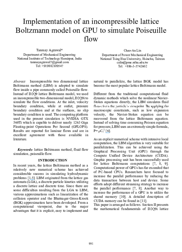 Pdf Implementation Of An Incompressible Lattice Boltzmann Model On Gpu To Simulate Poiseuille Flow