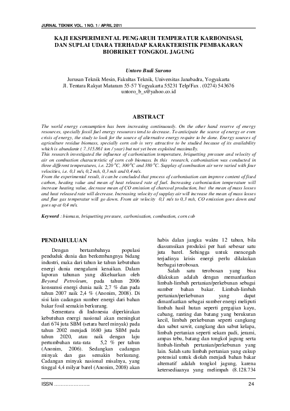 (PDF) KAJI EKSPERIMENTAL PENGARUH TEMPERATUR KARBONISASI, DAN SUPLAI UDARA TERHADAP ...