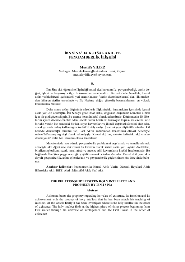(PDF) İBN SİNA'DA KUTSAL AKIL VE PEYGAMBERLİK İLİŞKİSİ THE RELATIONSHIP ...