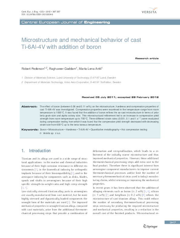(PDF) Microstructure and mechanical behavior of cast Ti-6Al-4V with addition of boron