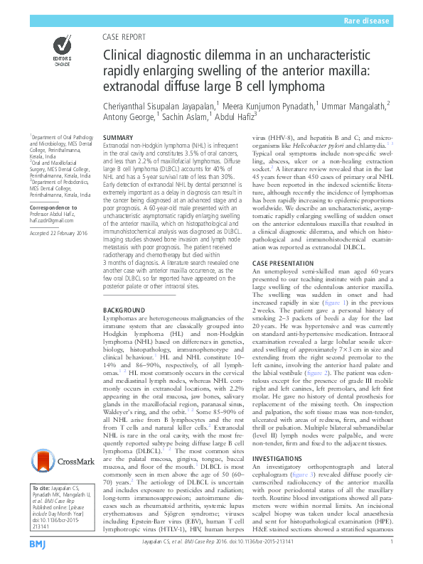 (PDF) Primary diffuse large B-cell lymphoma of the mandible: A case report | Hamid abbaszadeh ...