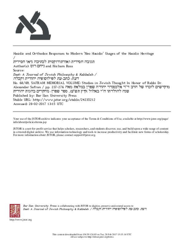 (PDF) Hasidic and Orthodox Responses to Modern 'Neo Hasidic' Usages of ...
