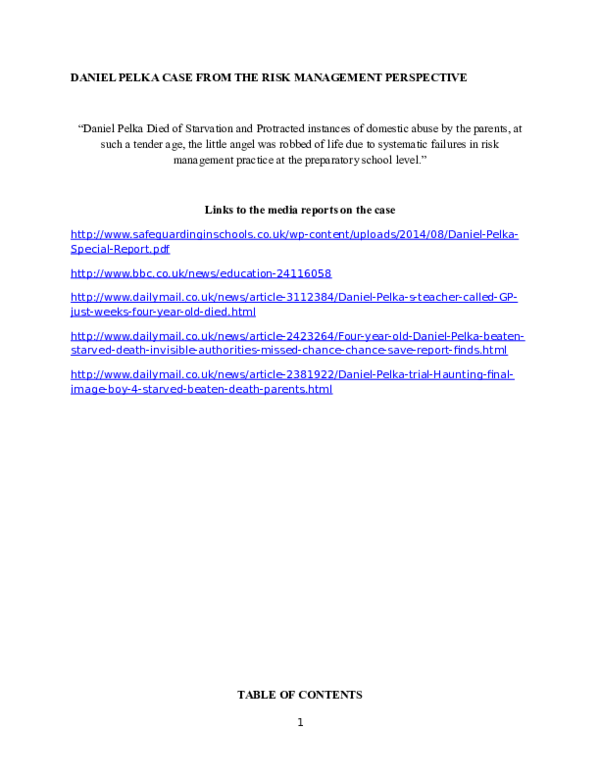 (DOC) DANIEL PELKA CASE FROM THE RISK MANAGEMENT PERSPECTIVE