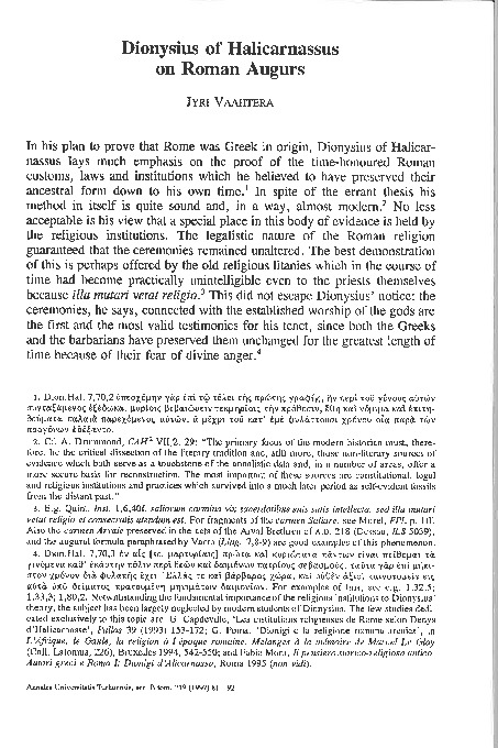 (PDF) Dionysius of Halicarnassus on Roman Augurs | Jyri Vaahtera ...