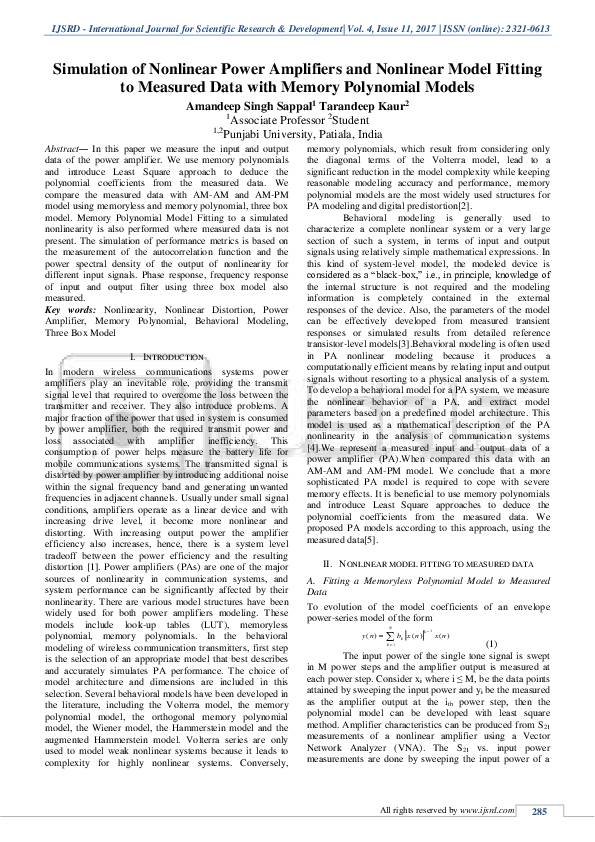 (PDF) Simulation of Nonlinear Power Amplifiers and Nonlinear Model Fitting to Measured Data with ...