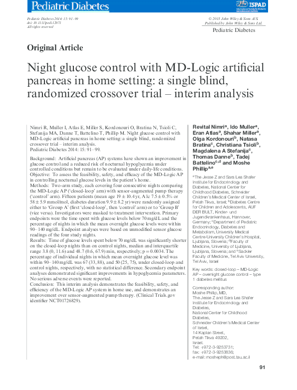 (PDF) Pediatric Diabetes Night glucose control with MD-Logic artificial ...