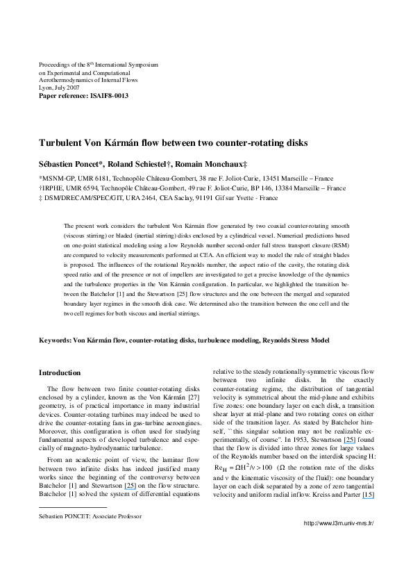 Pdf Turbulent Von Kármán Flow Between Two Counter Rotating Disks