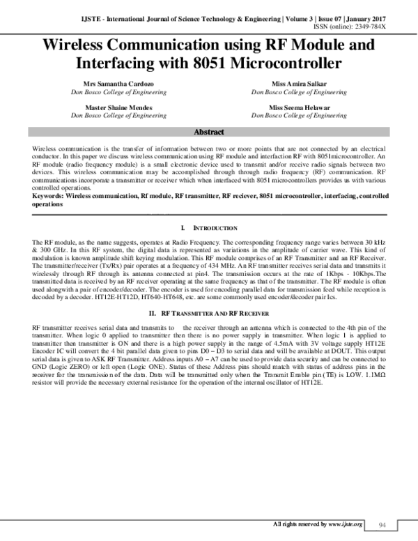 (PDF) Wireless Communication using RF Module and Interfacing with 8051 Microcontroller