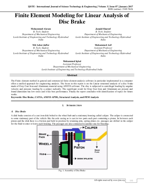 (PDF) Finite Element Modeling for Linear Analysis of Disc Brake