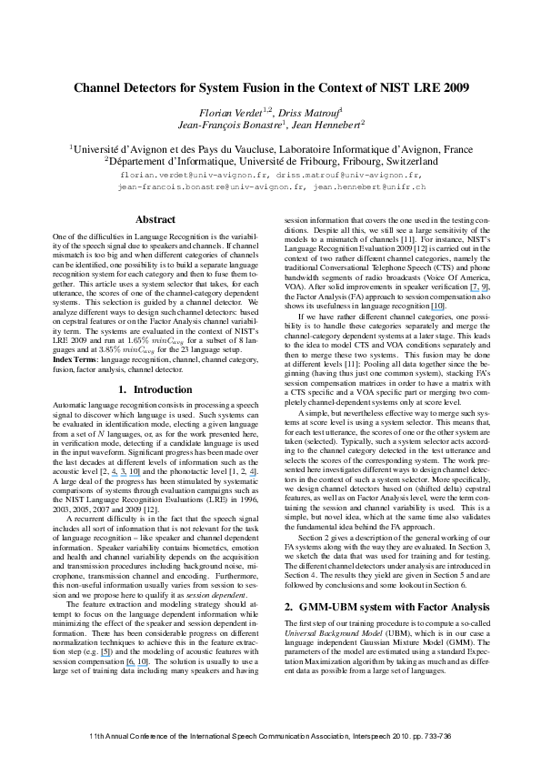 (PDF) Channel Detectors for System Fusion in the Context of NIST LRE 2009 (PDF) Channel Detectors for System Fusion in the Context of NIST LRE 2009
