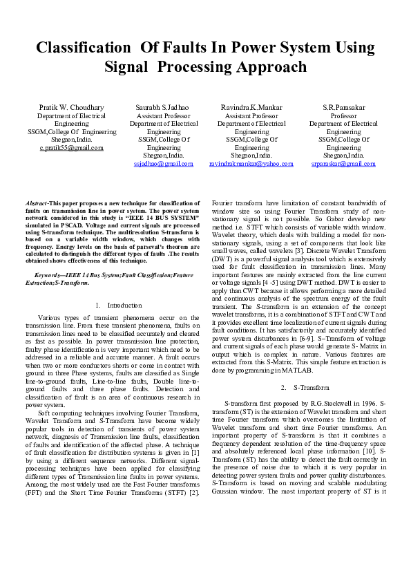 Pdf Classification Of Faults In Power System Using Signal Processing Approach