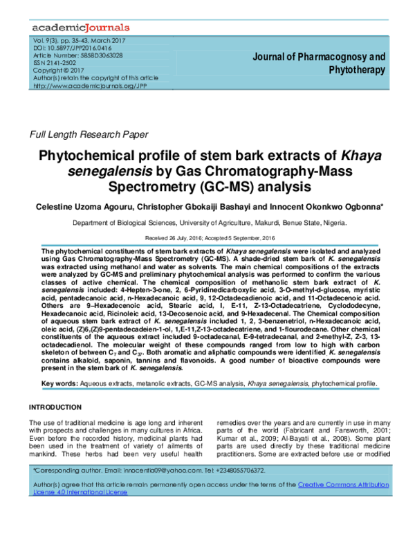 (PDF) Phytochemical profile of stem bark extracts of Khaya senegalensis by Gas Chromatography ...