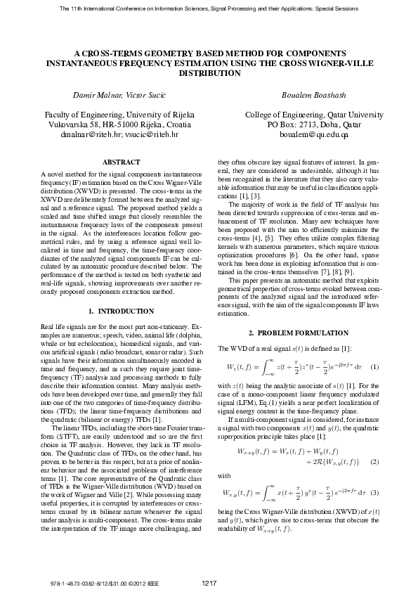 (PDF) A CROSS-TERMS GEOMETRY BASED METHOD FOR COMPONENTS INSTANTANEOUS FREQUENCY ESTIMATION ...