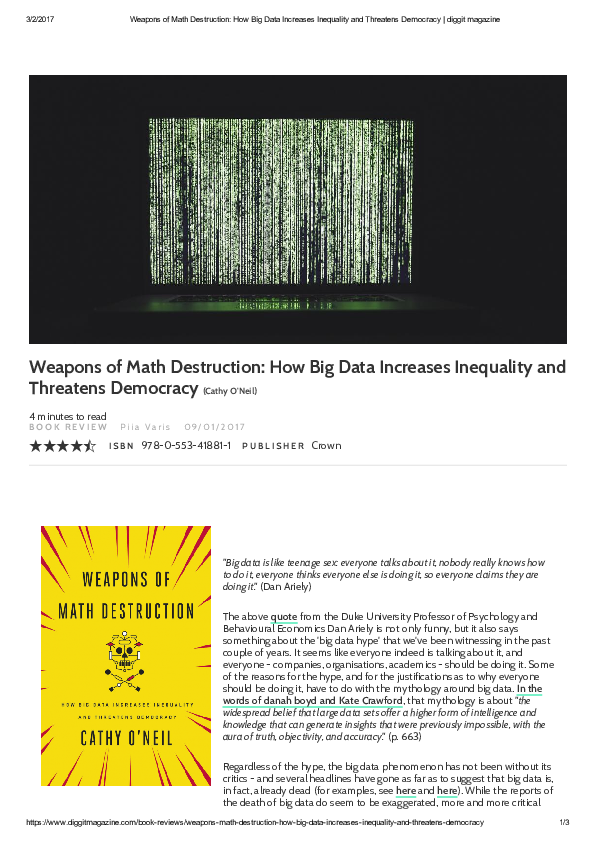(PDF) Weapons of Math Destruction How Big Data Increases Inequality and ...
