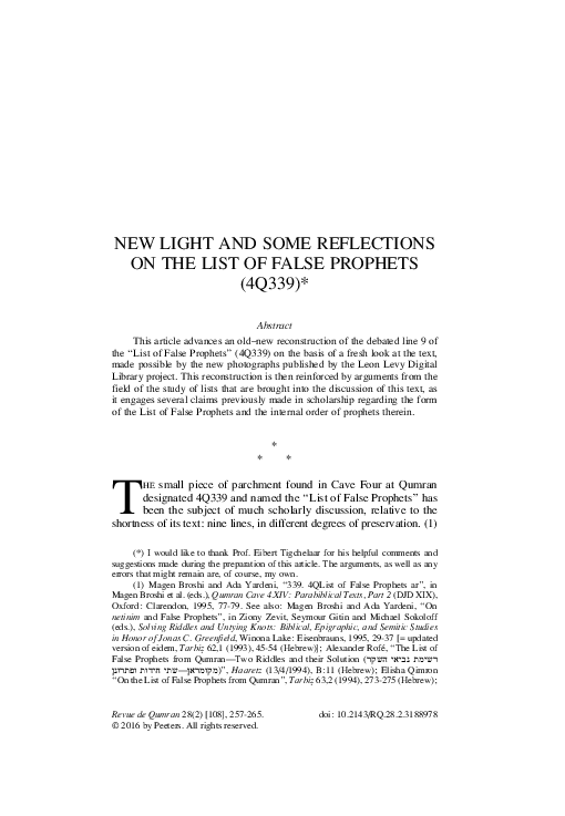 (PDF) "New Light and Some Reflections on the List of False Prophets ...