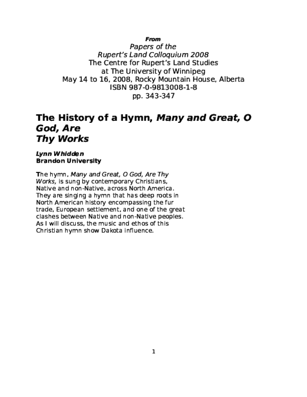 (DOC) The History of a Hymn, Many and Great, O God, Are Thy Works