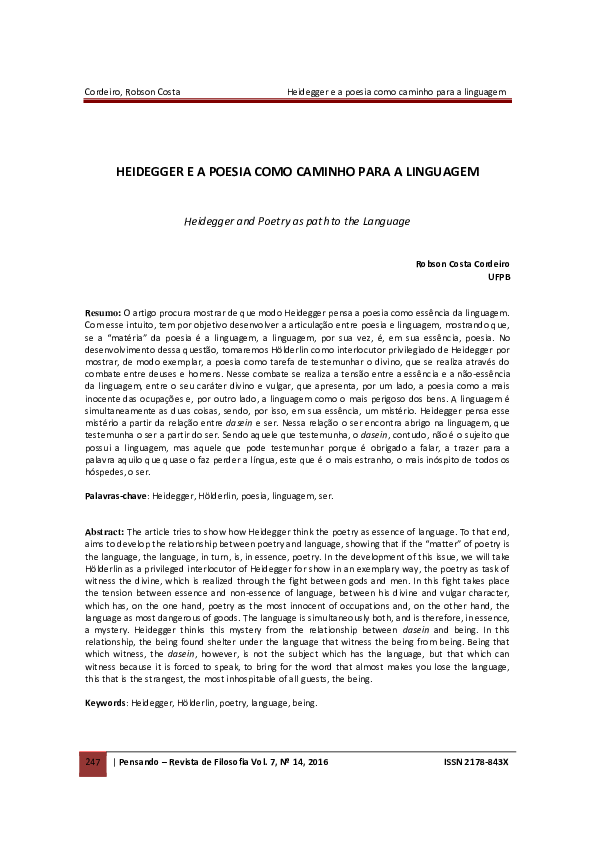 (PDF) HEIDEGGER E A POESIA COMO CAMINHO PARA A LINGUAGEM Heidegger and ...