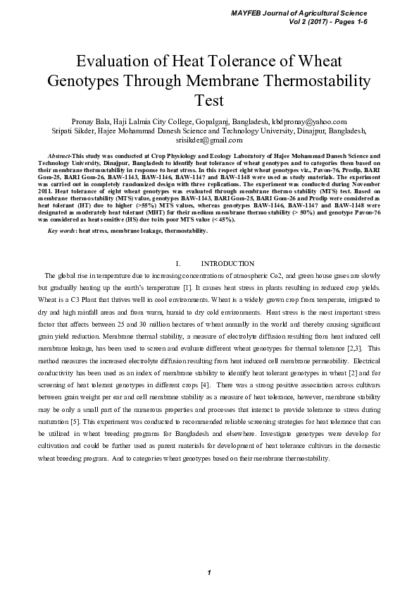 (PDF) Evaluation of Heat Tolerance of Wheat Genotypes Through Membrane ...