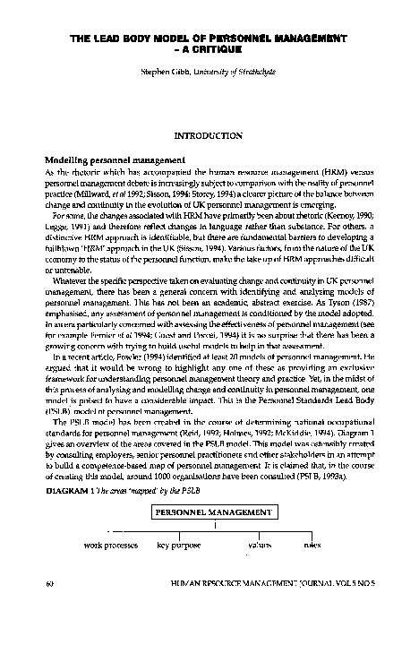 (PDF) The Lead Body Model of Personnel Management ? A Critique