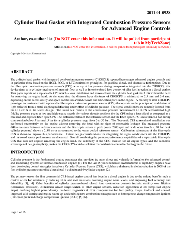 (PDF) Cylinder Head Gasket with Integrated Combustion Pressure Sensors ...