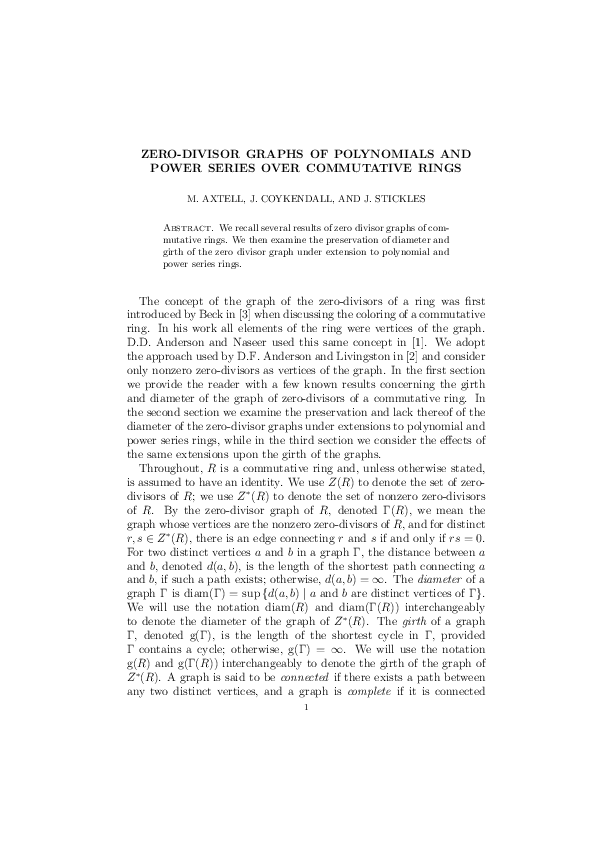 (PDF) Zero-Divisor Graphs of Polynomials and Power Series Over Commutative Rings