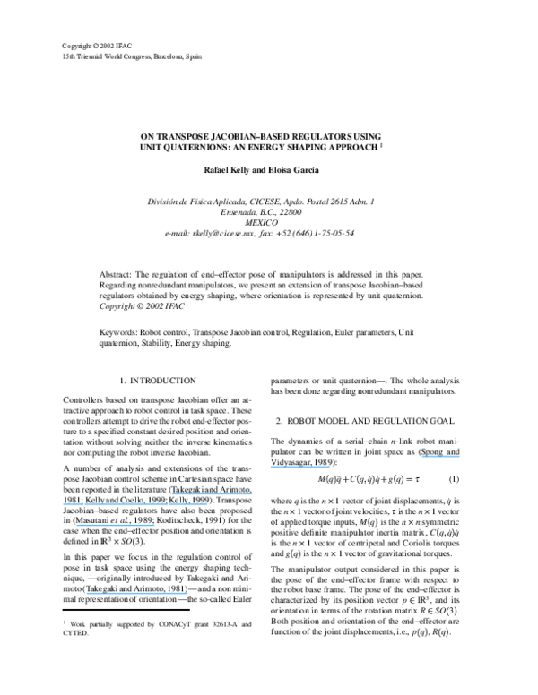 (PDF) On transpose Jacobian-based regulators using unit quaternions: An energy shaping approach ...