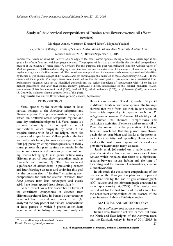 (PDF) Study of the chemical compositions of Iranian rose flower essence ...