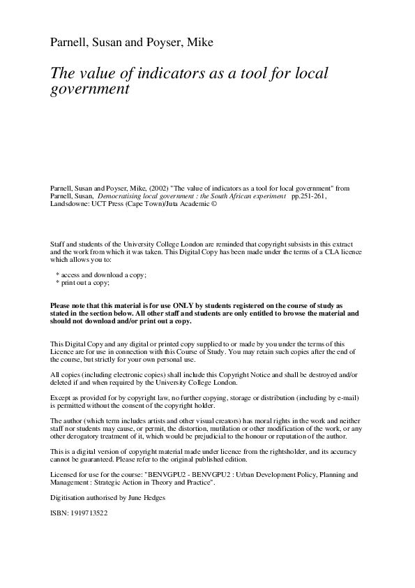 (PDF) The value of indicators as a tool for local government Susan ...