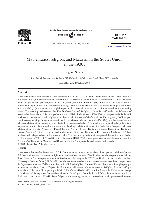 (PDF) Mathematics, religion, and Marxism in the Soviet Union in the 1930s