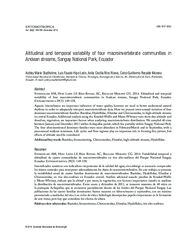(PDF) Altitudinal and temporal variability of four macroinvertebrate communities in Andean ...
