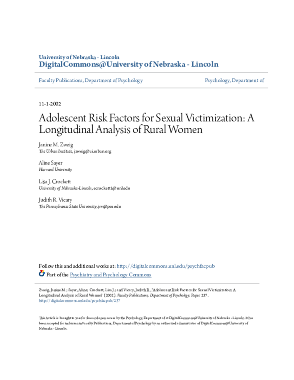 Pdf Adolescent Risk Factors For Sexual Victimization A Longitudinal Analysis Of Rural Women