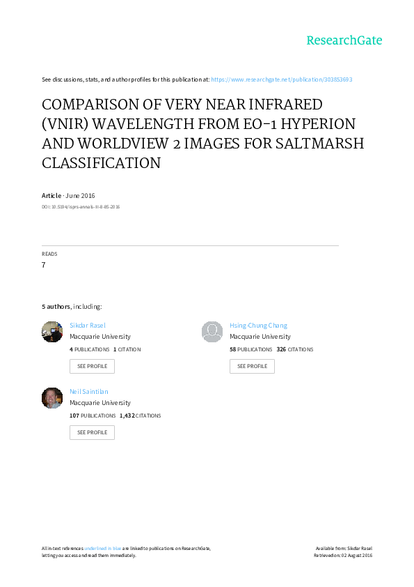 (PDF) COMPARISON OF VERY NEAR INFRARED (VNIR) WAVELENGTH FROM EO-1 HYPERION AND WORLDVIEW 2 ...