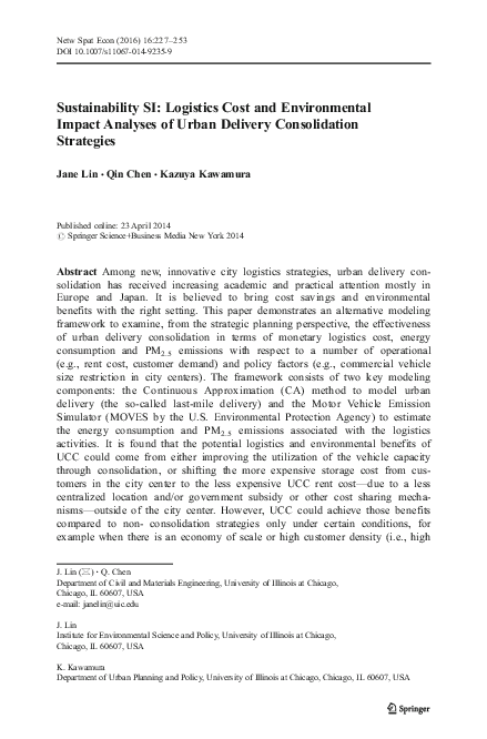 (PDF) Sustainability SI: Logistics Cost and Environmental Impact ...