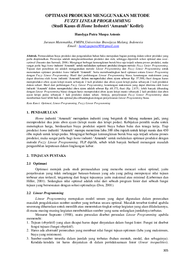(PDF) OPTIMASI PRODUKSI MENGGUNAKAN METODE FUZZY LINEAR PROGRAMMING (Studi Kasus di Home ...