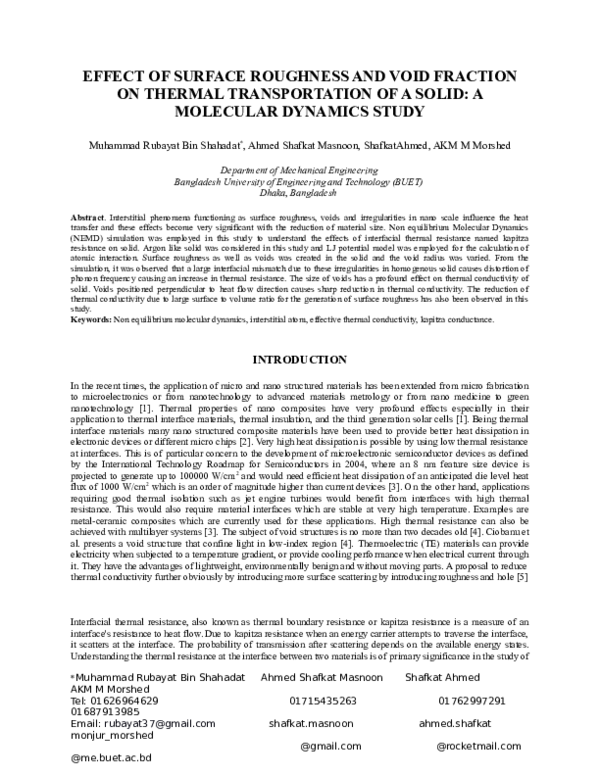 (DOC) Effect of surface roughness and void fraction on Thermal Transportation of a Solid: A ...