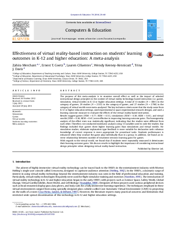 (PDF) Effectiveness of virtual reality-based instruction on students' learning outcomes in K-12 ...