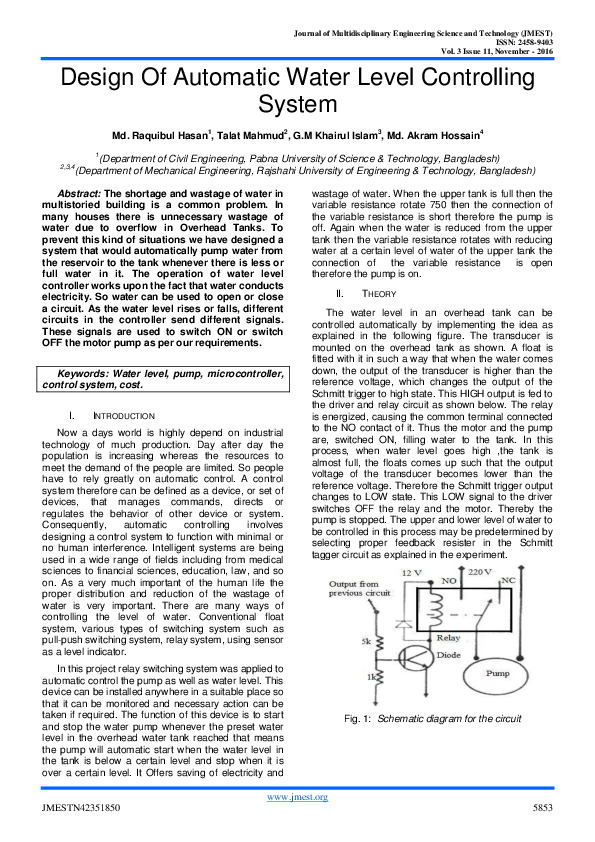(PDF) Design Of Automatic Water Level Controlling System