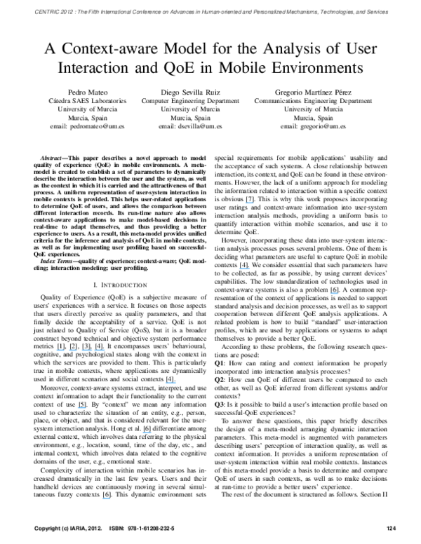 (PDF) A Context-aware Model for the Analysis of User Interaction and QoE in Mobile Environments
