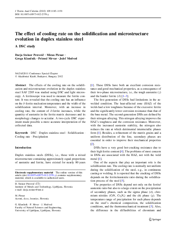 (PDF) The effect of cooling rate on the solidification and microstructure evolution in duplex ...