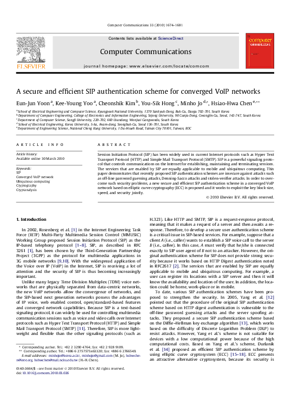 Pdf A Secure And Efficient Sip Authentication Scheme For Converged Voip Networks 