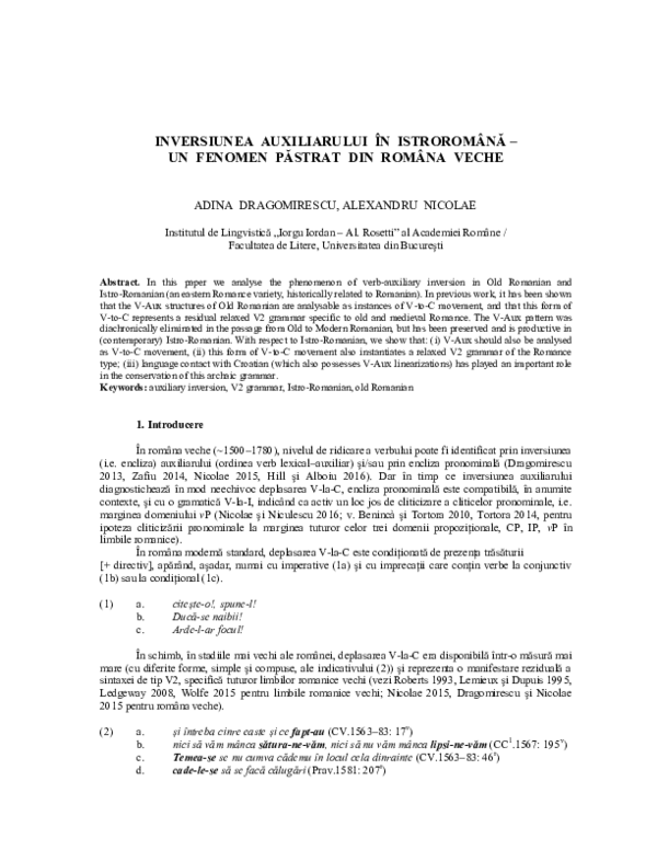 (PDF) INVERSIUNEA AUXILIARULUI ÎN ISTROROMÂNĂ ‒ UN FENOMEN PĂSTRAT DIN ...