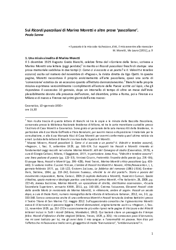 Sui "Ricordi pascoliani" di Marino Moretti e altre prose 'pascoliane ...