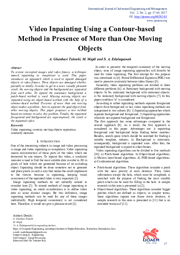 (PDF) Video Inpainting Using a Contour-based Method in Presence of More than One Moving Objects